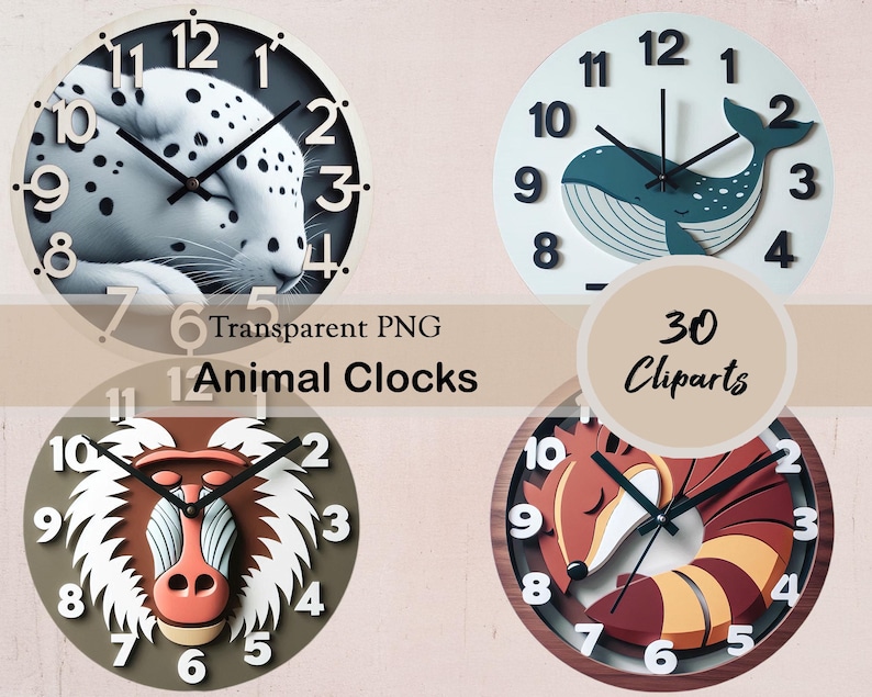 Animal Clocks, 30 PNG Cliparts, Wall Clock, Wall Decoration, Kids Room ...