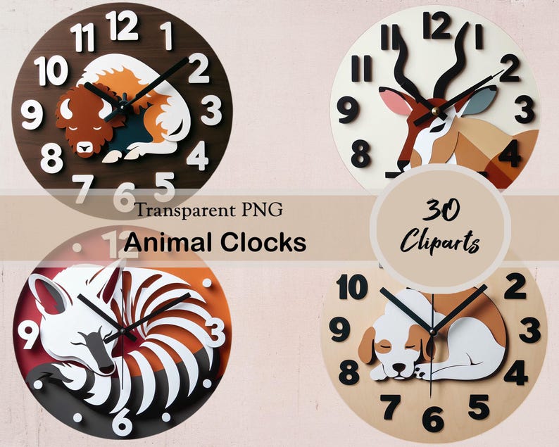 Animal Clocks, 30 PNG Cliparts, Wall Clock, Wall Decoration, Kids Room ...