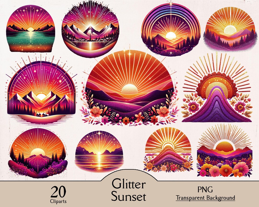 Glitter Sunset Clipart, Sparkling Sunset, 20 PNG Cliparts, Glittery ...