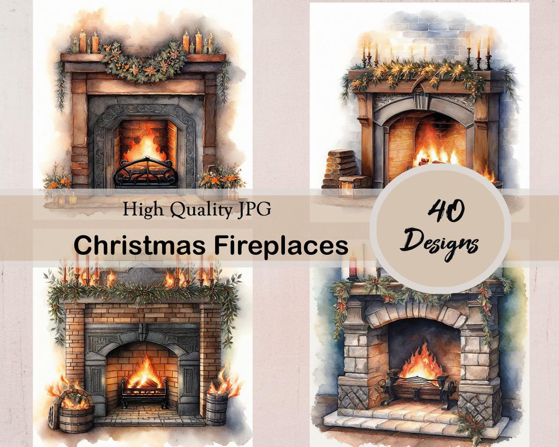Christmas Fireplaces, Winter Fireplaces. 40 JPG Images, Digital, Paper ...