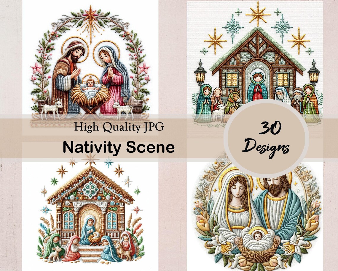 Nativity Scene, 30 JPG Images, Embroidered, Clipart, Christmas, Digital ...