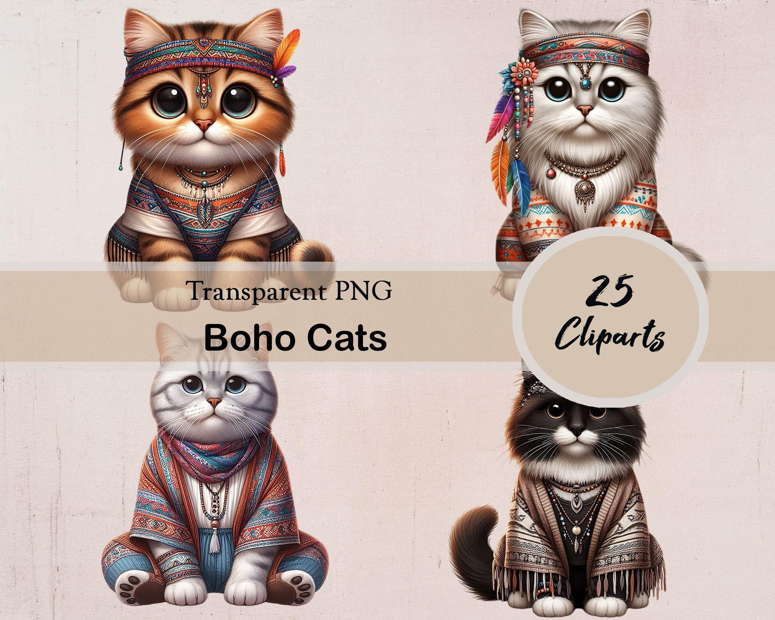 Boho Cat Clipart, 25 PNG Cliparts, Colorful Bohemian Cat Illustration ...