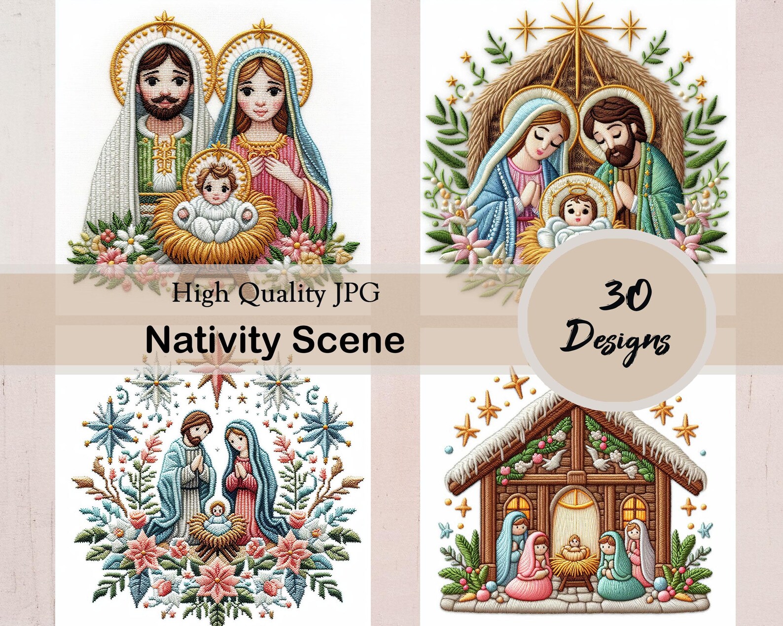 Nativity Scene, 30 JPG Images, Embroidered, Clipart, Christmas, Digital ...