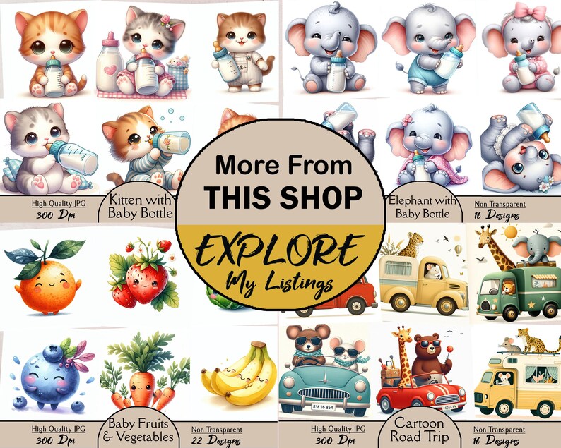 Cartoon Road Trip, 16 JPG Images, Clipart, Nursery, Baby Room, Baby ...