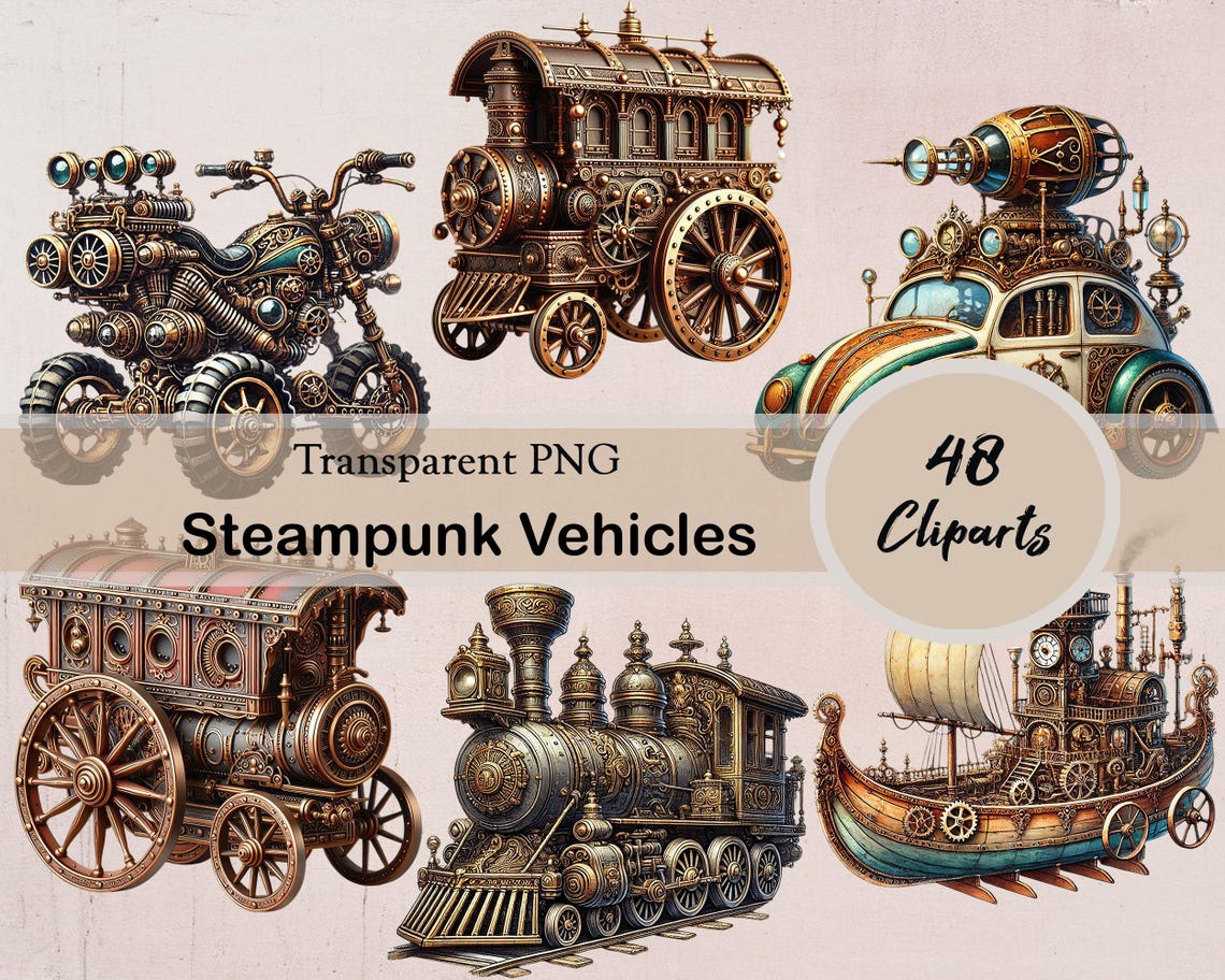 Steampunk Vehicles, 48 PNG Steampunk Cliparts, Watercolor, Steampunk ...