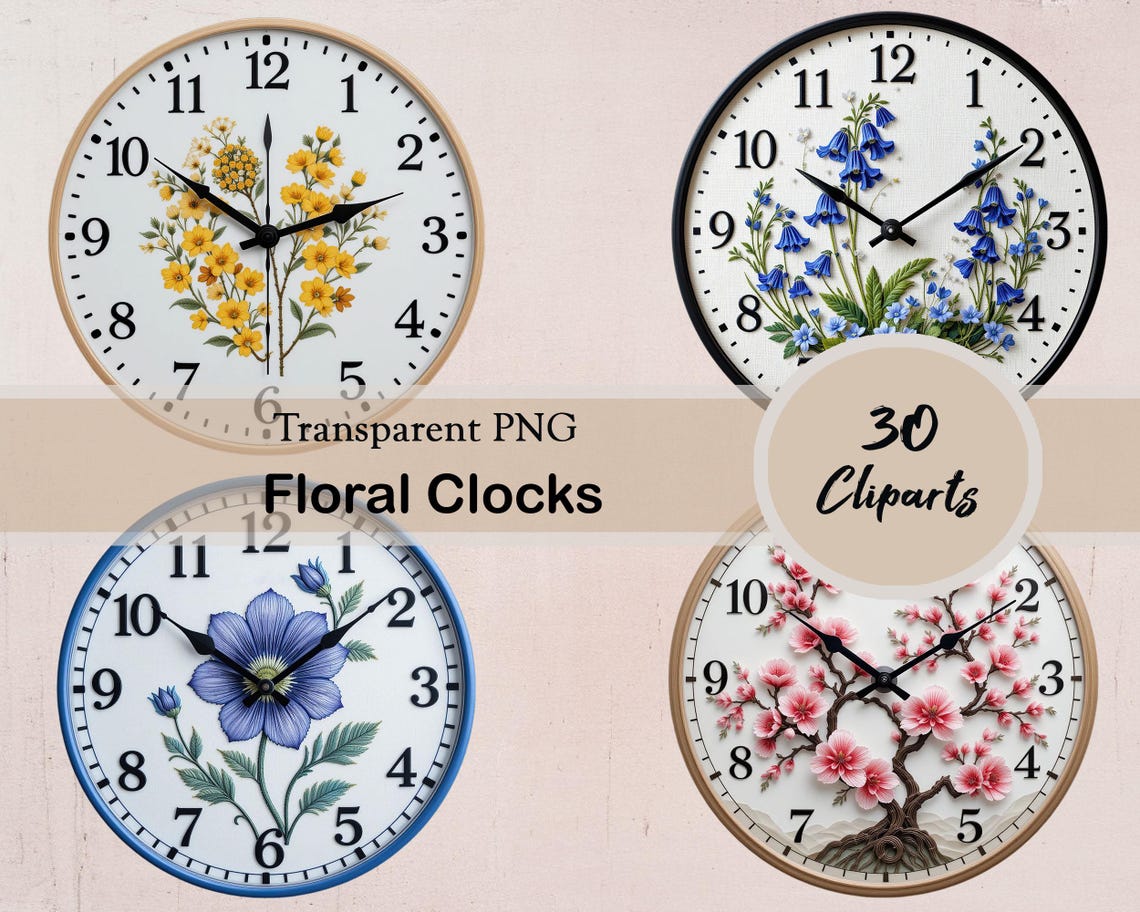 Floral Clocks, 30 PNG Cliparts, Wall Clocks, Spring Clocks, Table ...