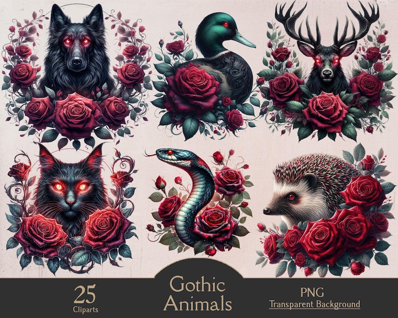Gothic Animals, 25 PNG Cliparts, Watercolor Animals, Watercolor Gothic ...