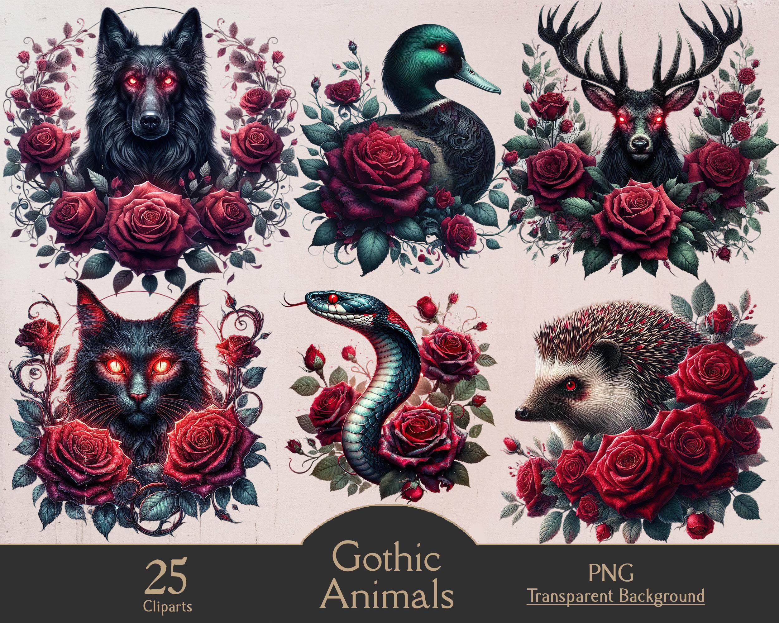 Gothic Animals, 25 PNG Cliparts, Watercolor Animals, Watercolor Gothic ...