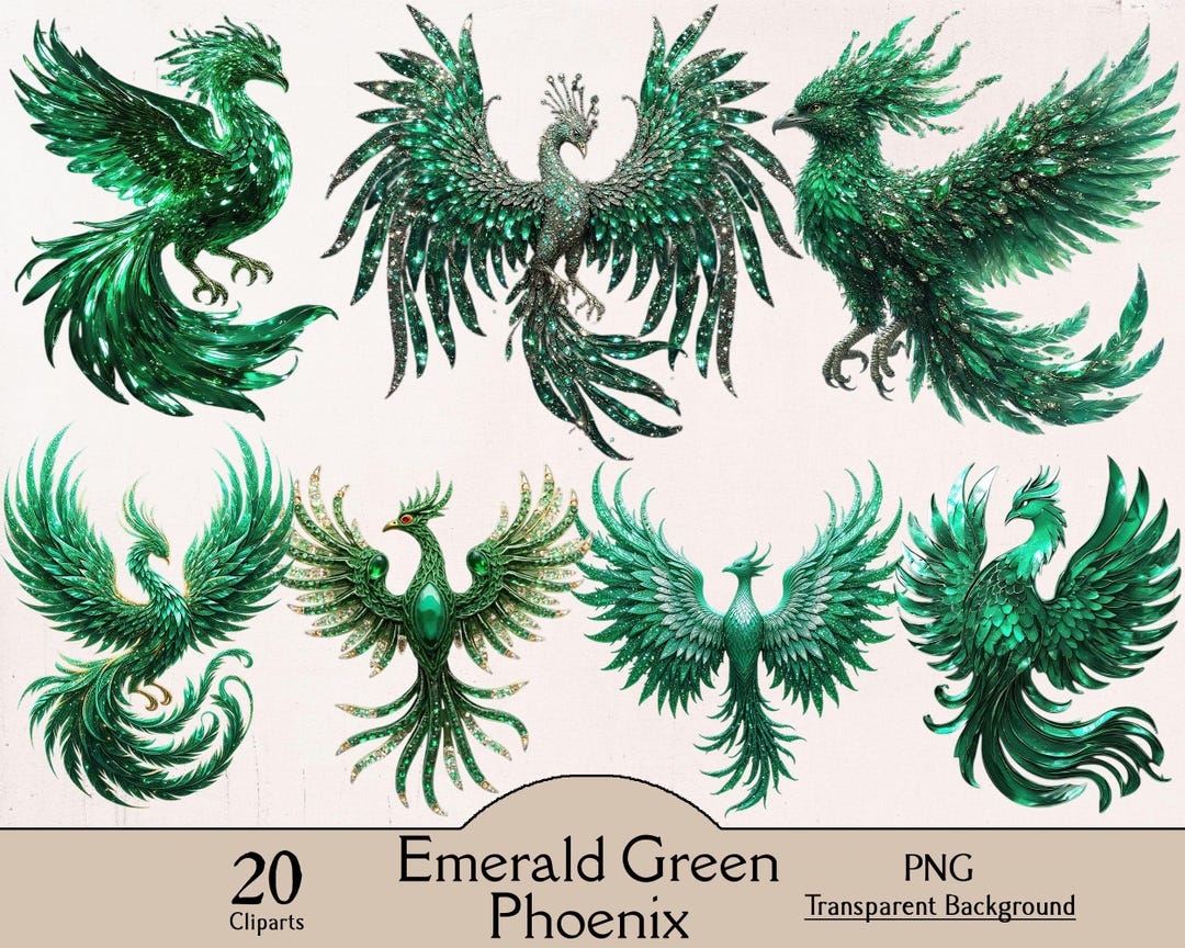 Emerald Green Sparkling Phoenix Clipart, Glitter Legendary Phoenix, 20 ...