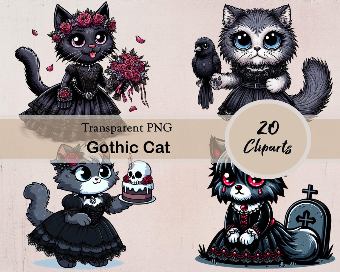 Gothic Cat, 20 PNG Cliparts, Whimsical Cat, Fantasy, Magic, Digital ...