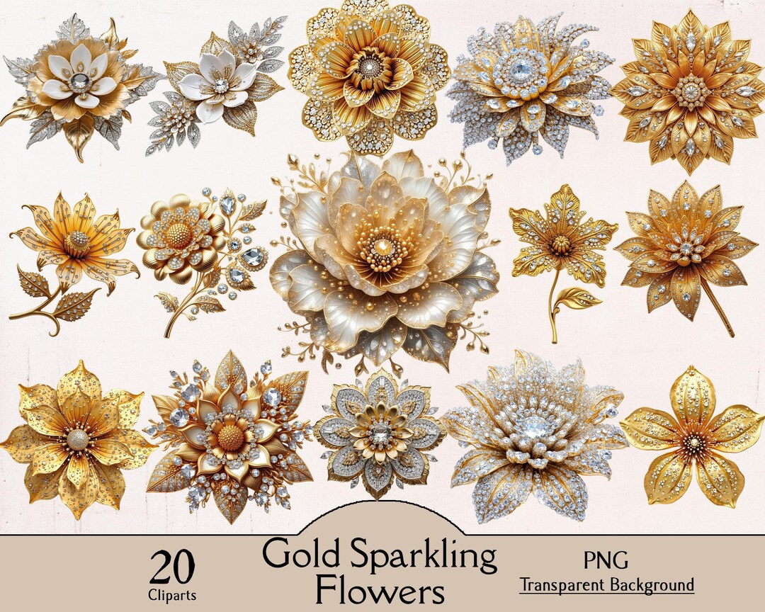 Gold Sparkling Flower Clipart, Glitter Flower, 20 PNG Cliparts, Wedding ...