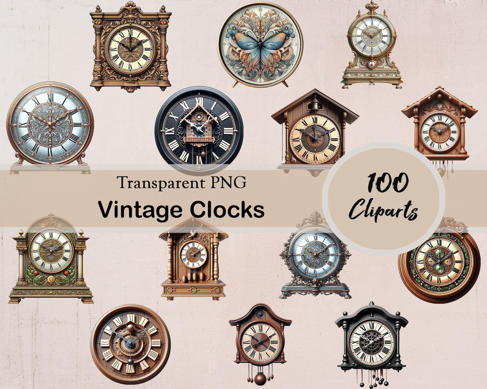 Vintage Clocks, 100 PNG Cliparts, Wall Clocks, Clocks, Retro, Old ...