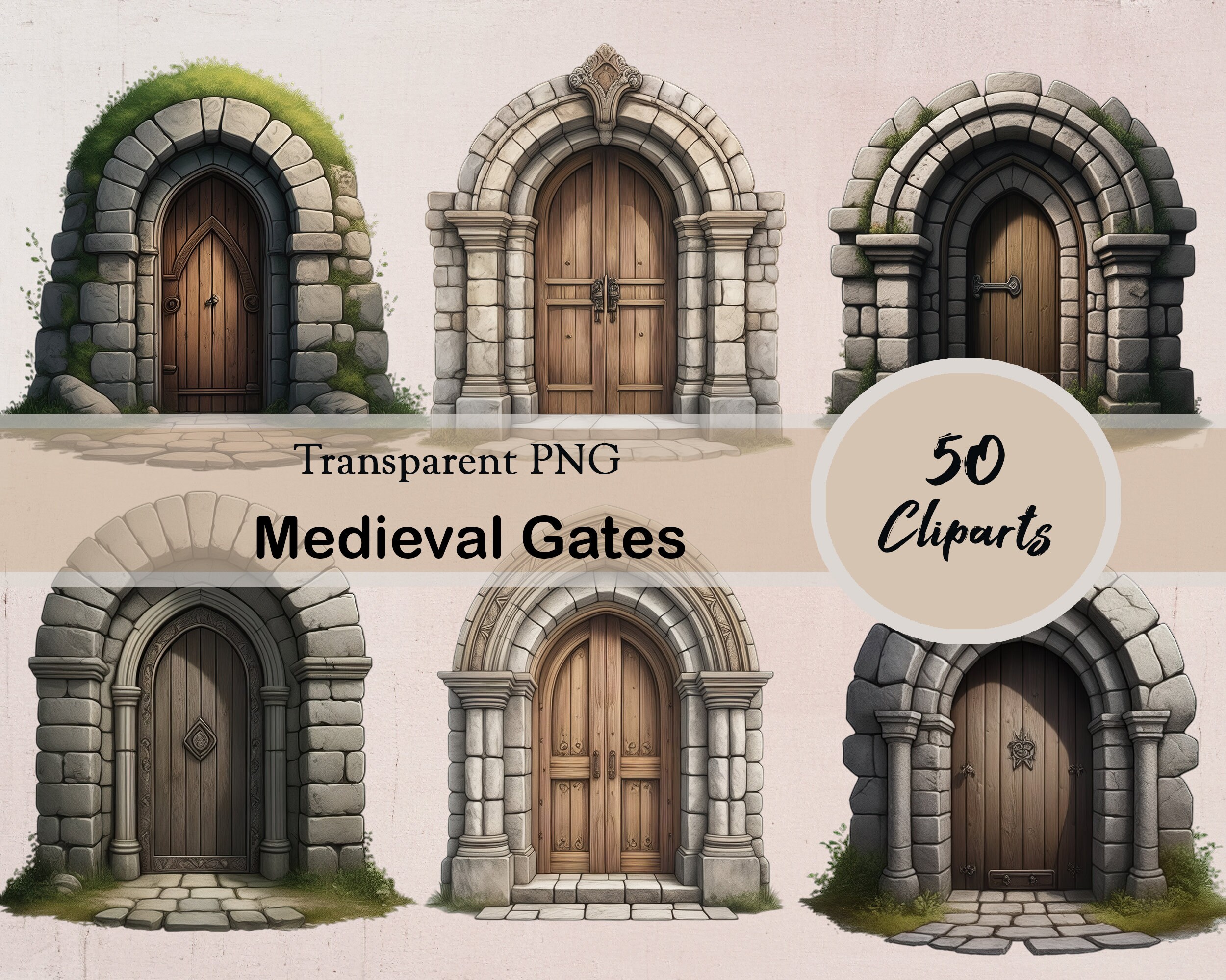 Medieval Gates, 50 PNG Cliparts, Fantasy Wooden Doors, Dungeon Entrance ...