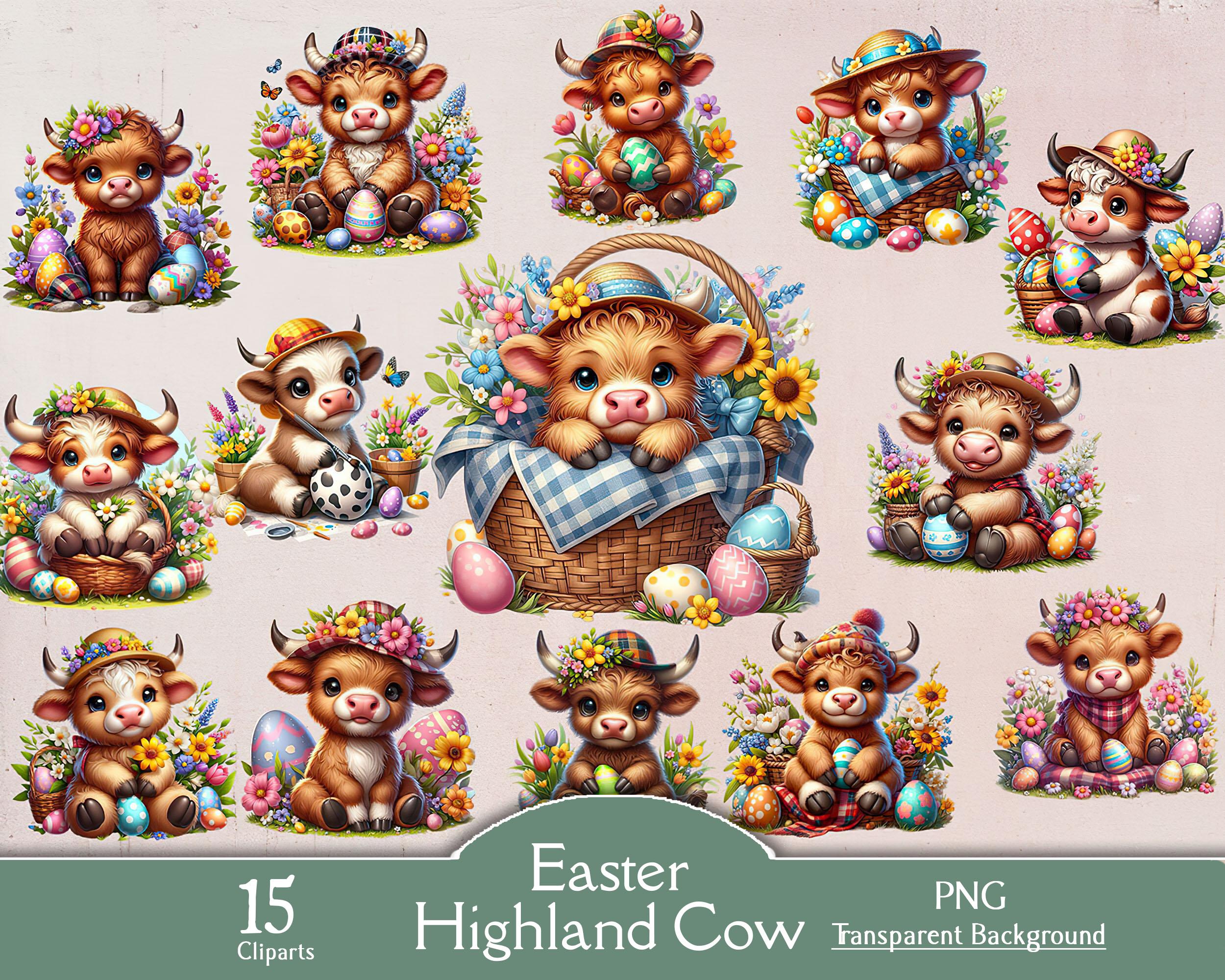 Easter Highland Cow Clipart, 15 PNG Spring Highland Cow Clipart, Baby ...