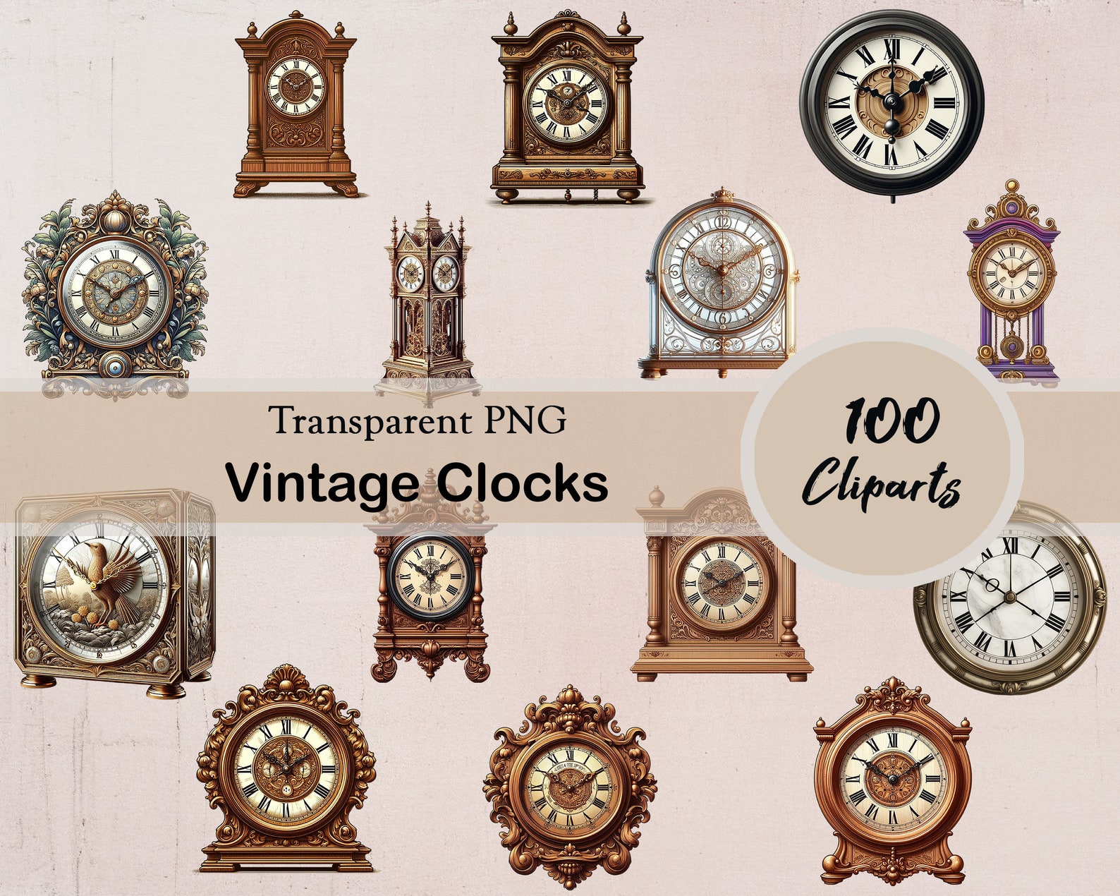 Vintage Clocks, 100 PNG Cliparts, Wall Clocks, Clocks, Retro, Old ...