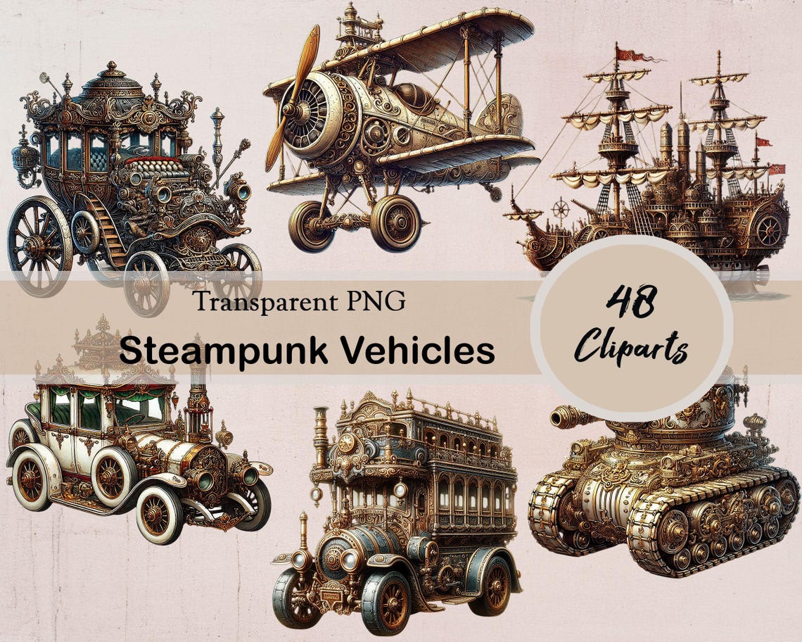 Steampunk Vehicles, 48 PNG Steampunk Cliparts, Watercolor, Steampunk ...
