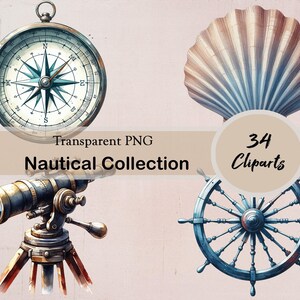 Nautical Collection Clipart, 34 PNG Cliparts, Watercolor Coastal, Sea ...