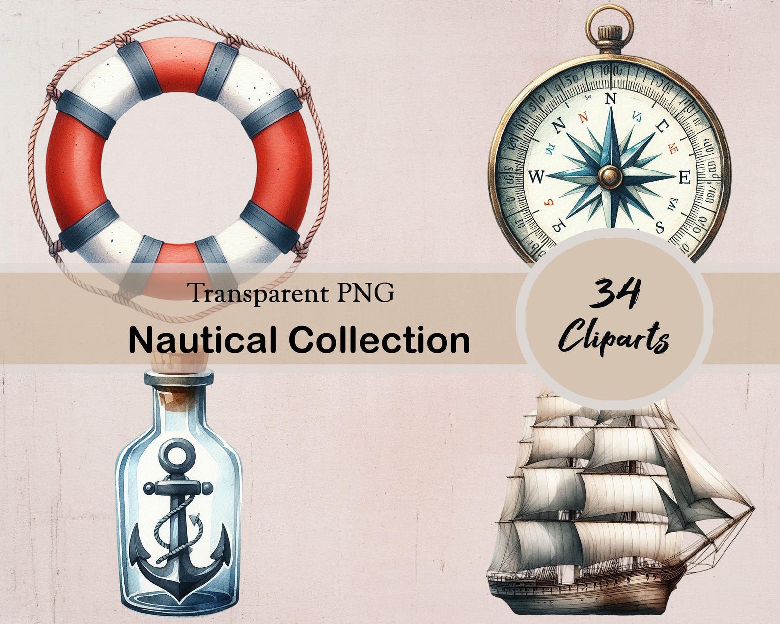 Nautical Collection Clipart, 34 PNG Cliparts, Watercolor Coastal, Sea ...