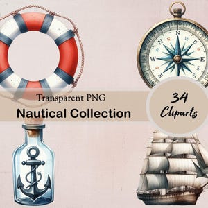 Nautical Collection Clipart, 34 PNG Cliparts, Watercolor Coastal, Sea ...