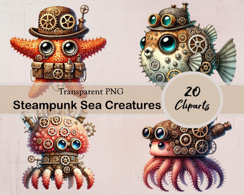 Steampunk Sea Animals, 20 PNG Cliparts, Underwater Clipart, Ocean ...