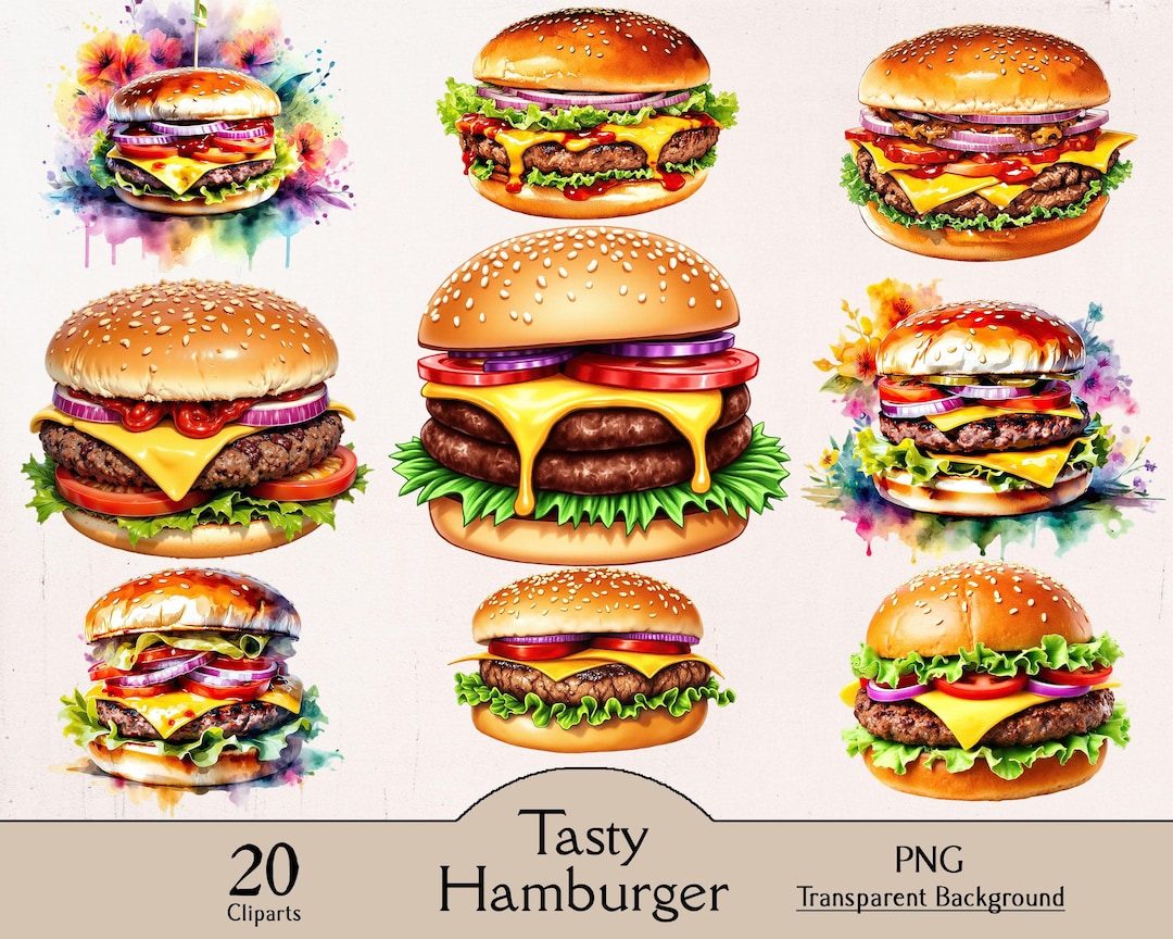 Tasty Hamburger Clipart, 20 PNG Cliparts, Fast Food Clipart, Watercolor ...