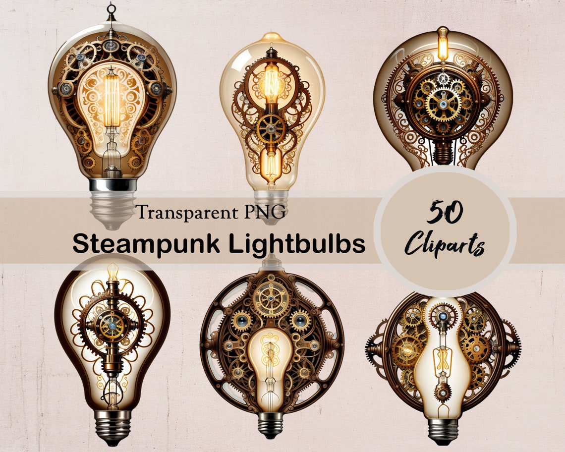 Steampunk Lightbulbs, 50 PNG Cliparts, Steampunk Style, Bulb Clipart ...