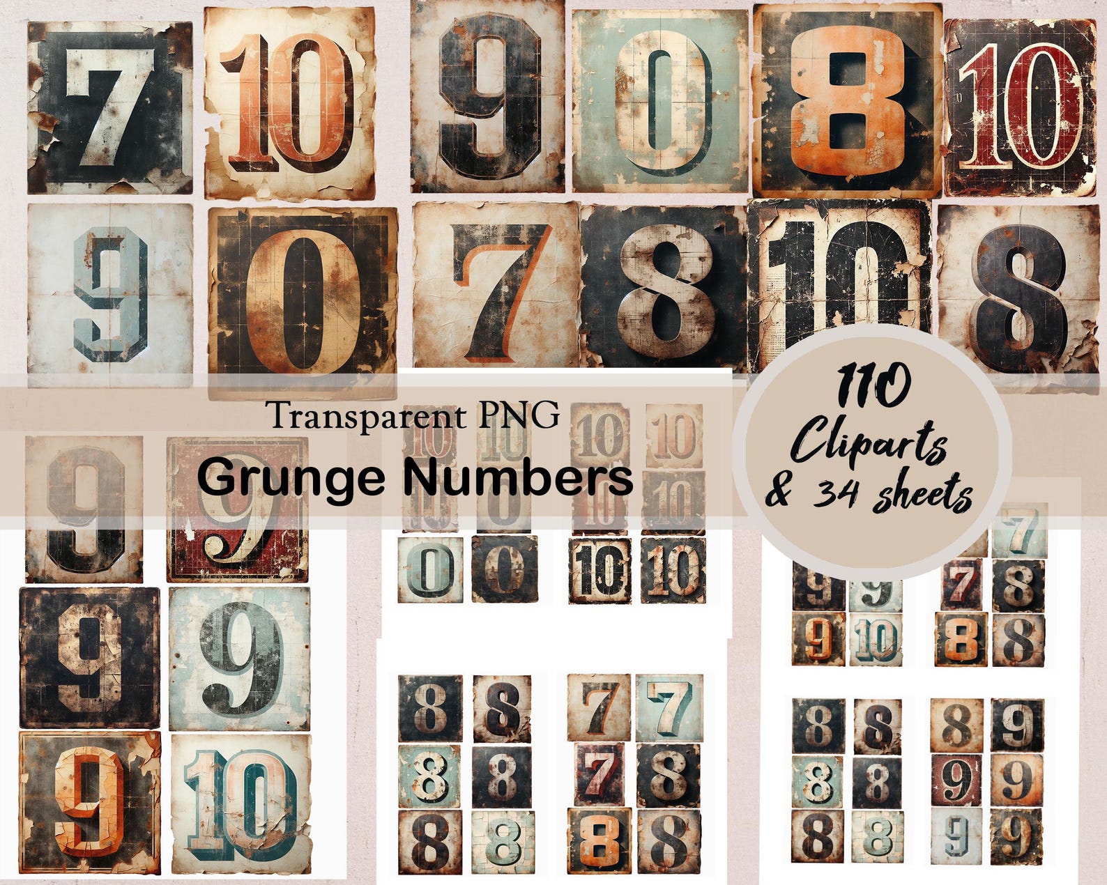 Grunge Numbers, Vintage Labels, 110 PNG Cliparts, Printable Sheets ...