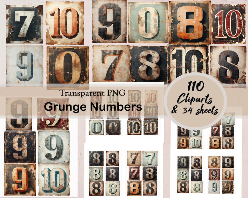 Grunge Numbers, Vintage Labels, 110 PNG Cliparts, Printable Sheets ...