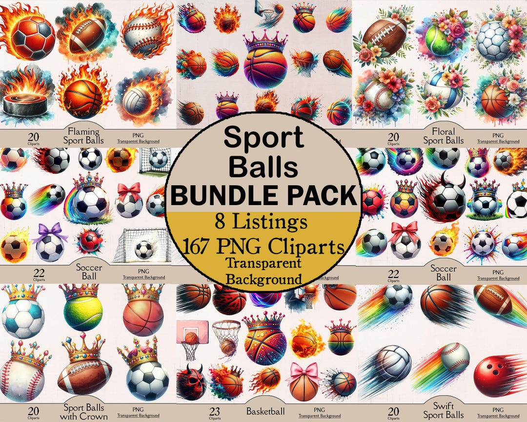 Sport Balls Clipart Bundle, Soccer Ball, Basketball, Football Clipart ...