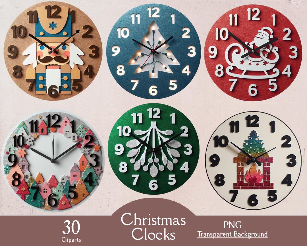 Christmas Clocks, 30 PNG Cliparts, Wall Clocks, Decor Clock, Digital ...