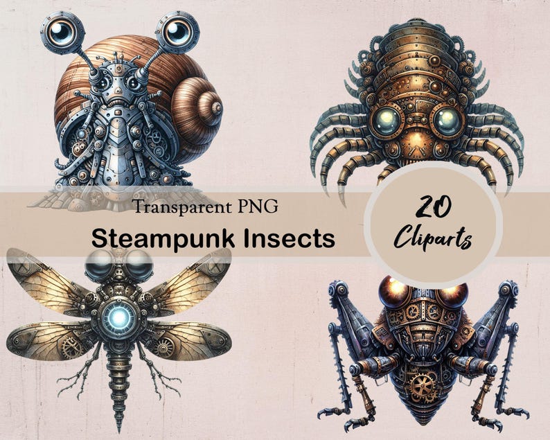 Steampunk Insect Clipart, 20 PNG Cliparts, Fantasy Bug, Steampunk Art ...