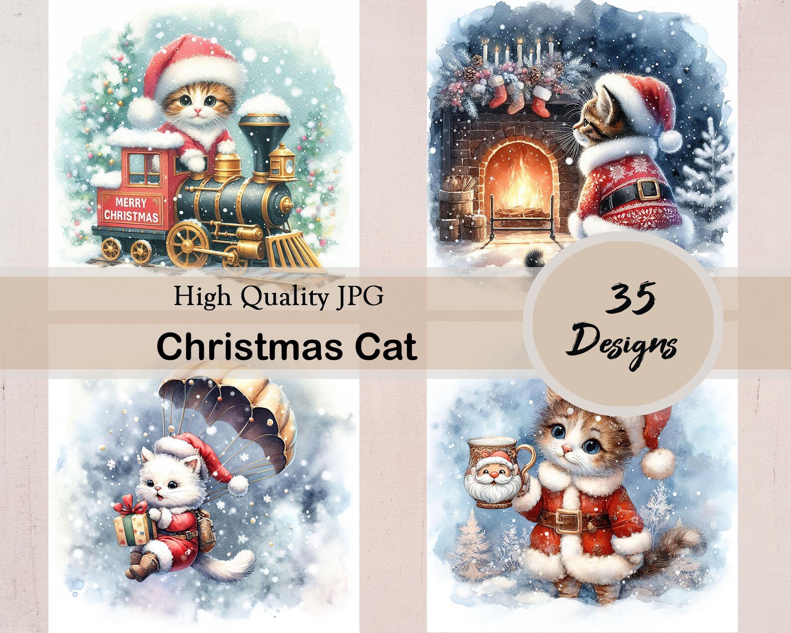 Christmas Cat, 35 JPG Images, Clipart, Cute Kitten, Christmas, Digital ...