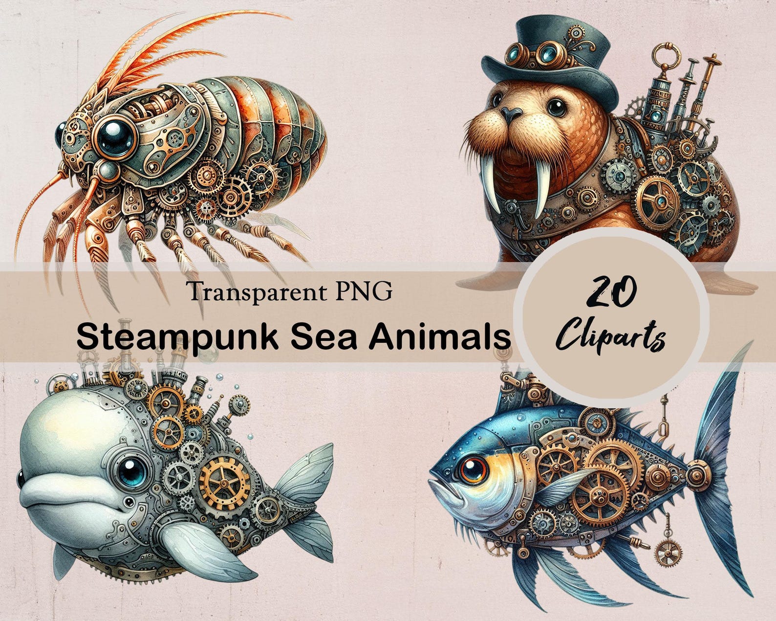 Steampunk Sea Animals, 20 PNG Cliparts, Underwater Clipart, Ocean ...