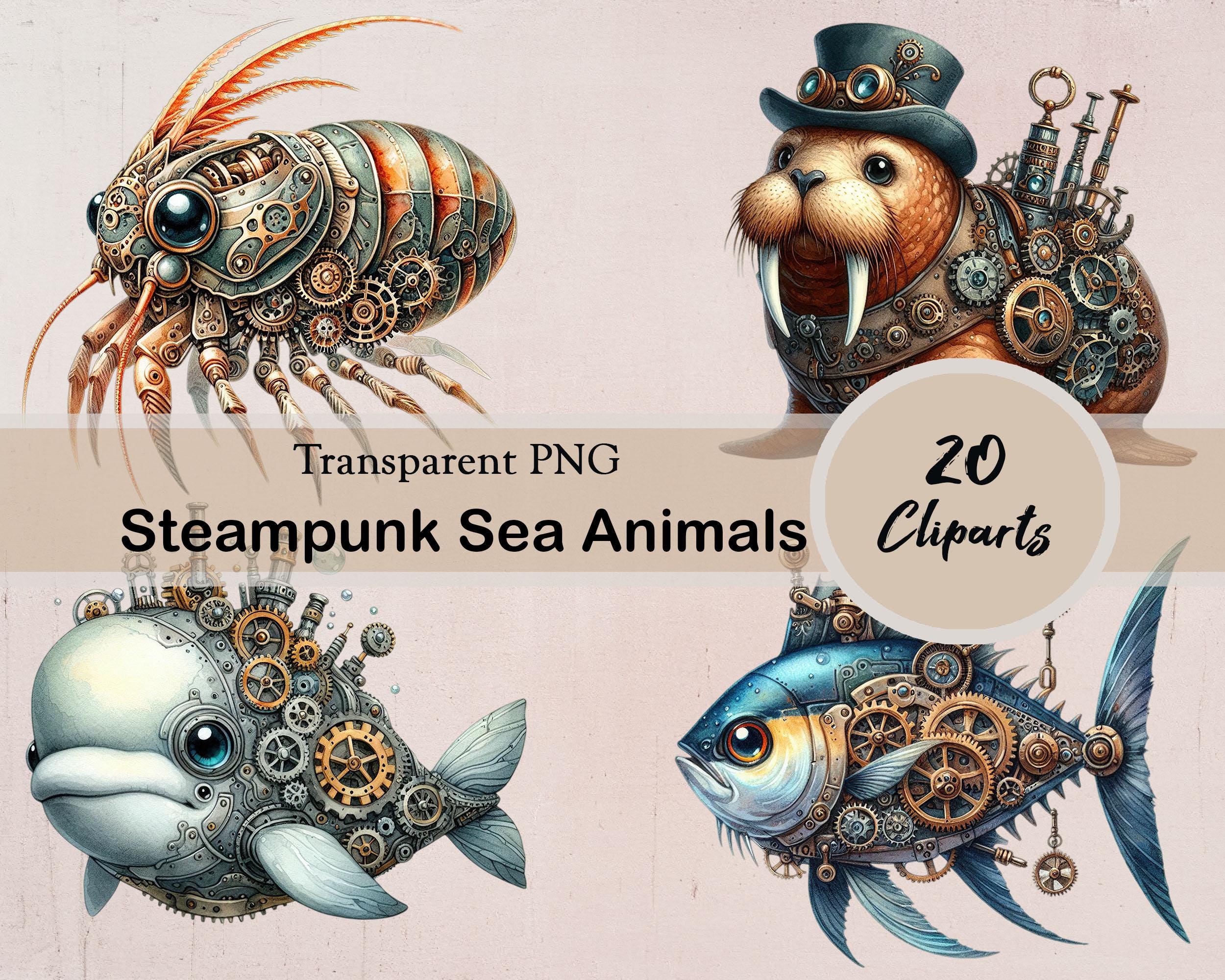 Steampunk Sea Animals, 20 PNG Cliparts, Underwater Clipart, Ocean ...