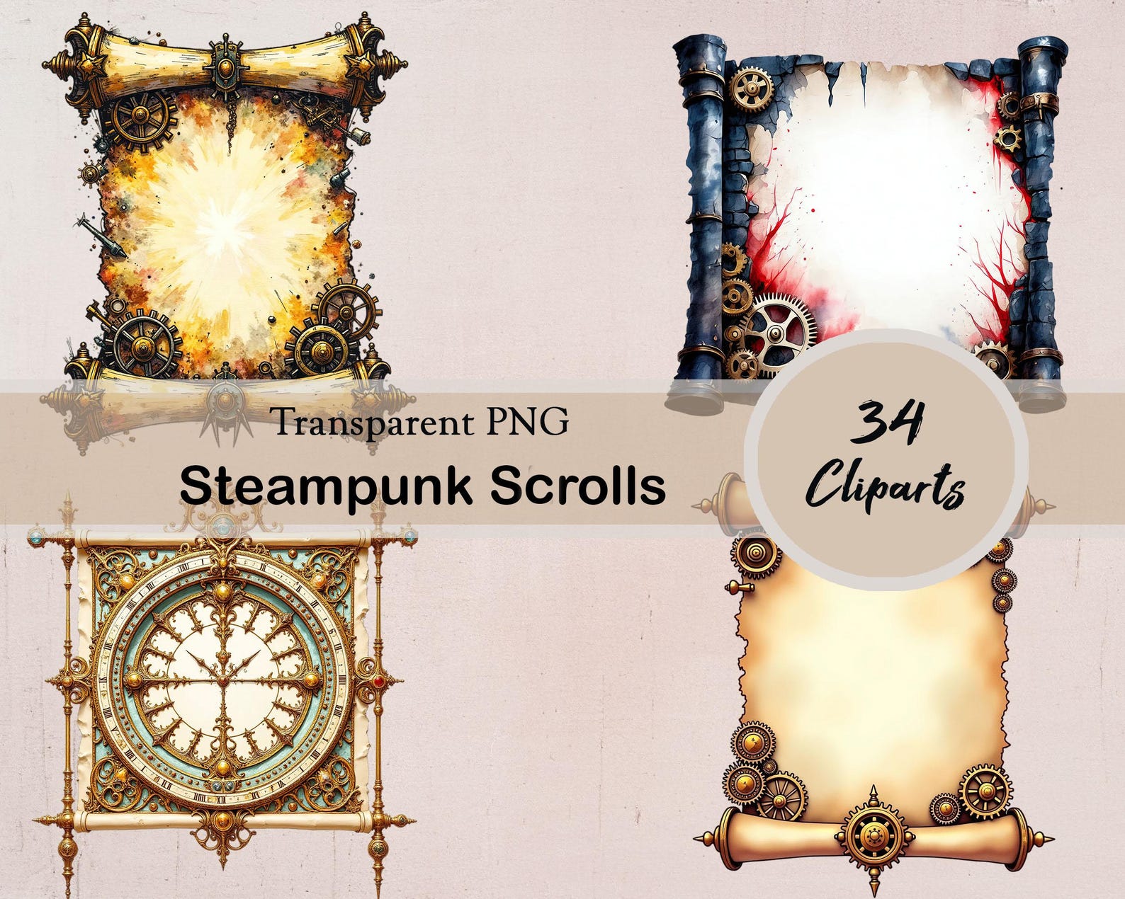 Steampunk Scrolls, Magic Scrolls, 34 PNG Cliparts, Scrolls Clipart ...