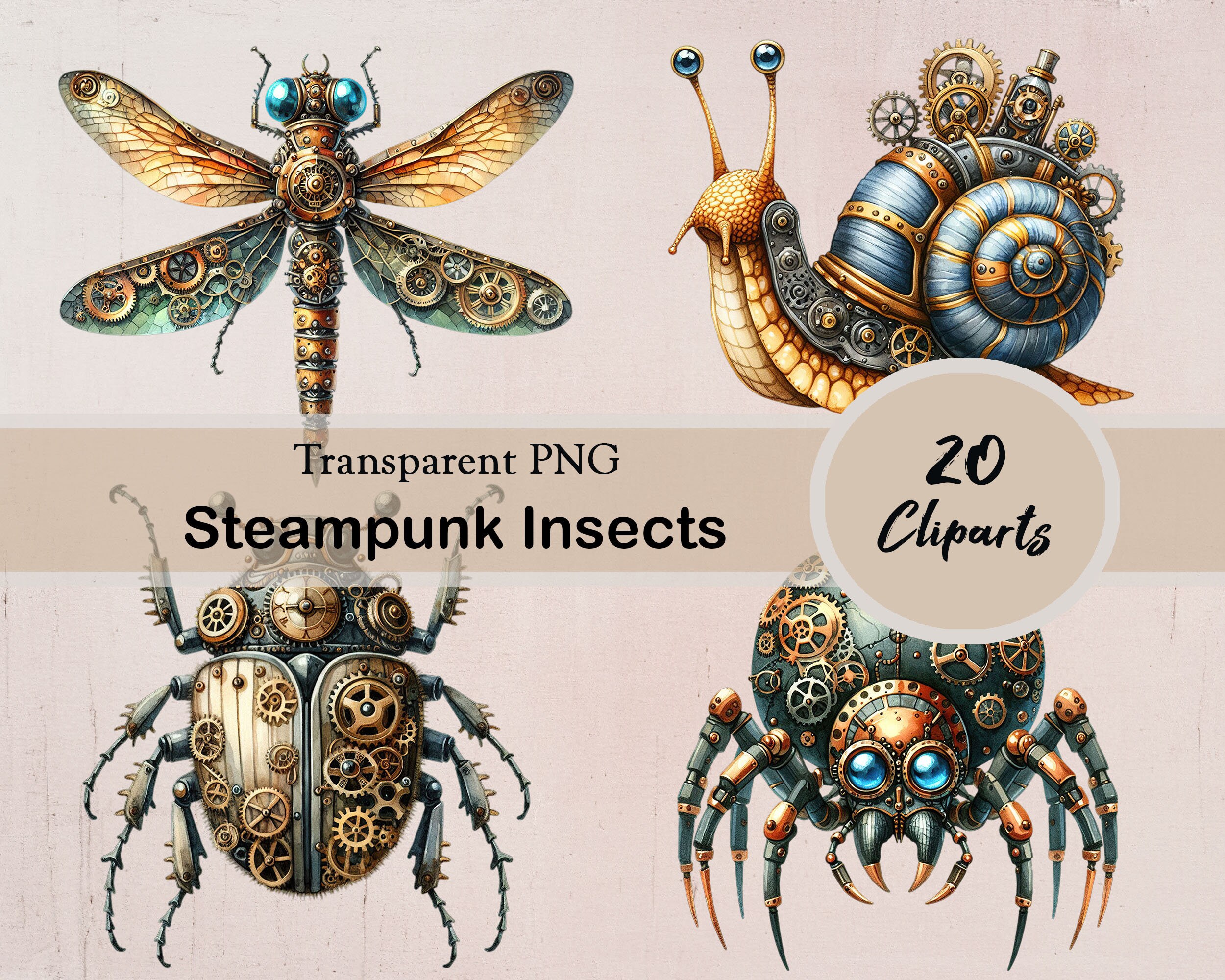 Steampunk Insects, 20 PNG Cliparts, Steampunk, Insect, Printable ...