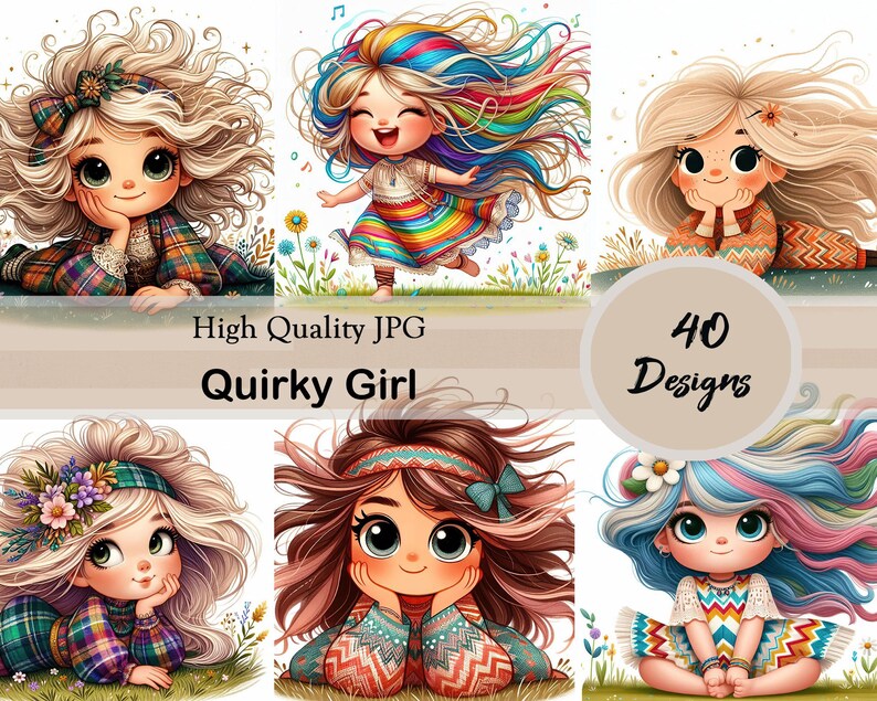 Quirky Girl, 40 JPG Images, Cartoon Girl, Whimsical Girl, Nursery Girl ...