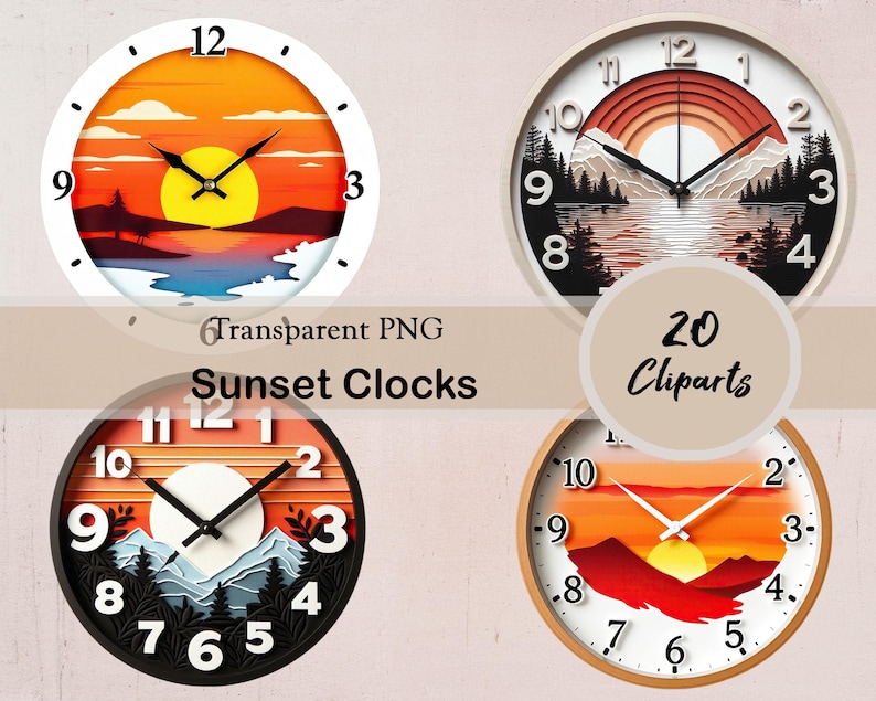 Sunset Clocks, 20 PNG Cliparts, Wall Clock, Wall Decoration, Landscape ...