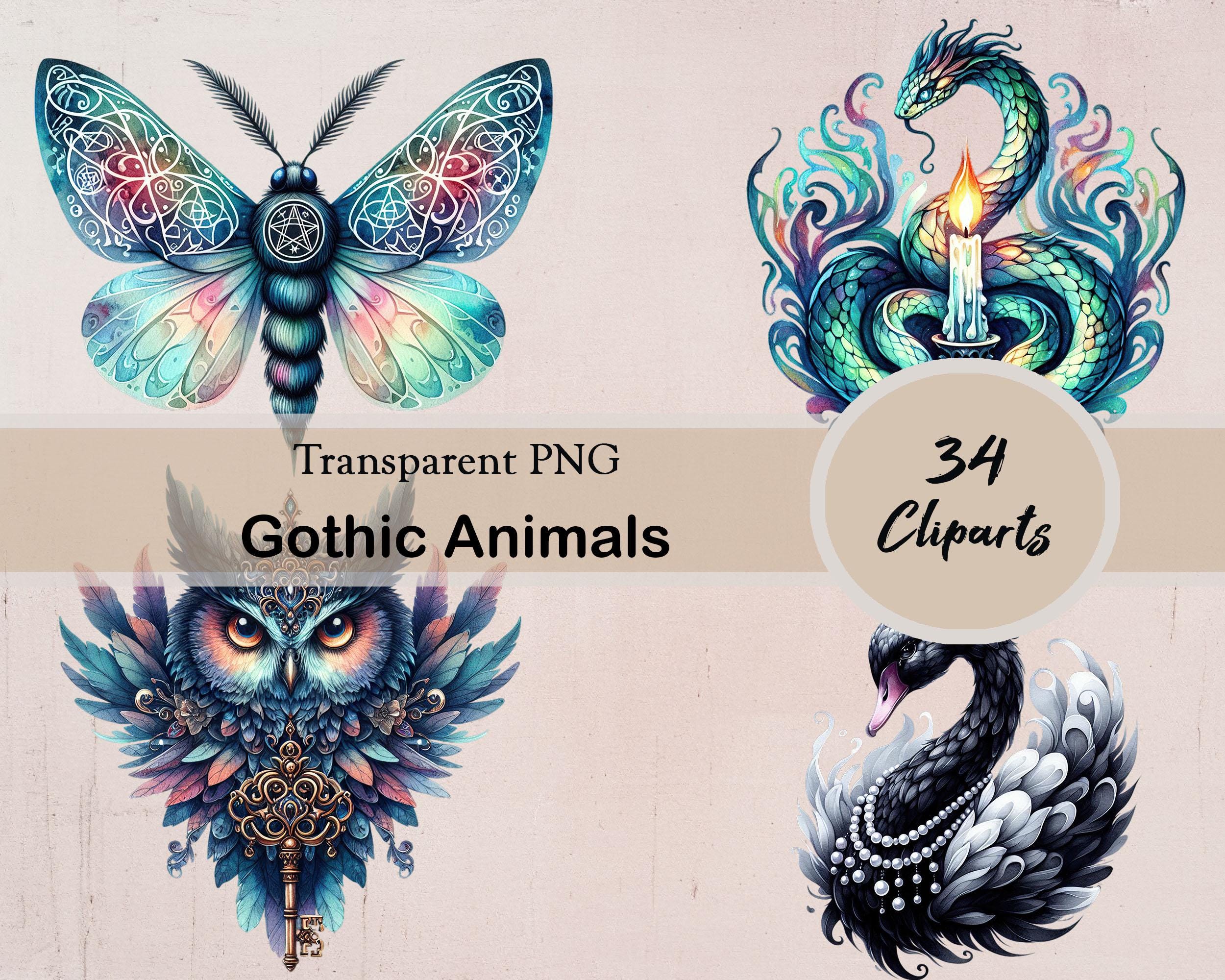 Watercolor Gothic Animals, 34 PNG Cliparts, Watercolor Ethereal Animals ...