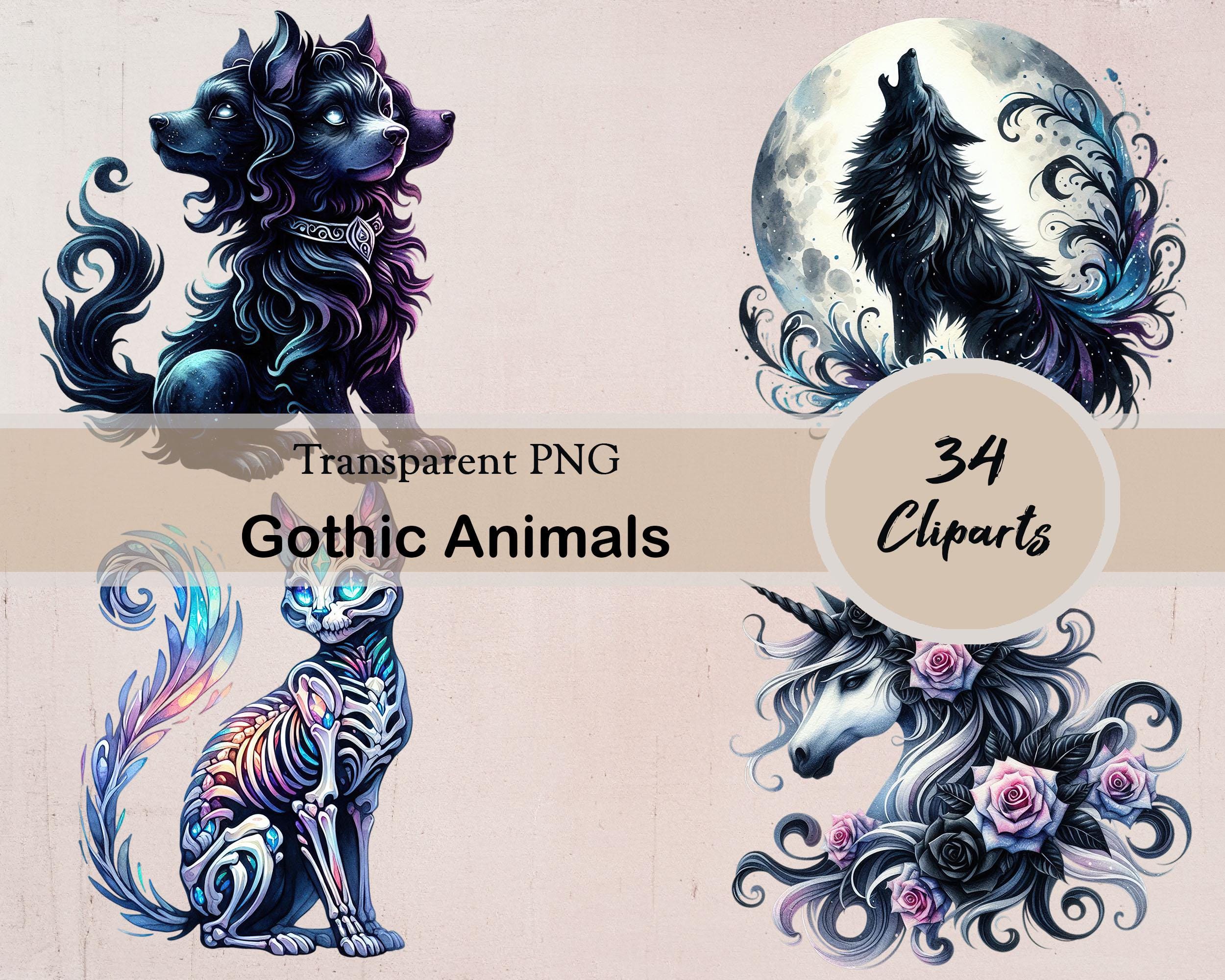 Watercolor Gothic Animals, 34 PNG Cliparts, Watercolor Ethereal Animals ...