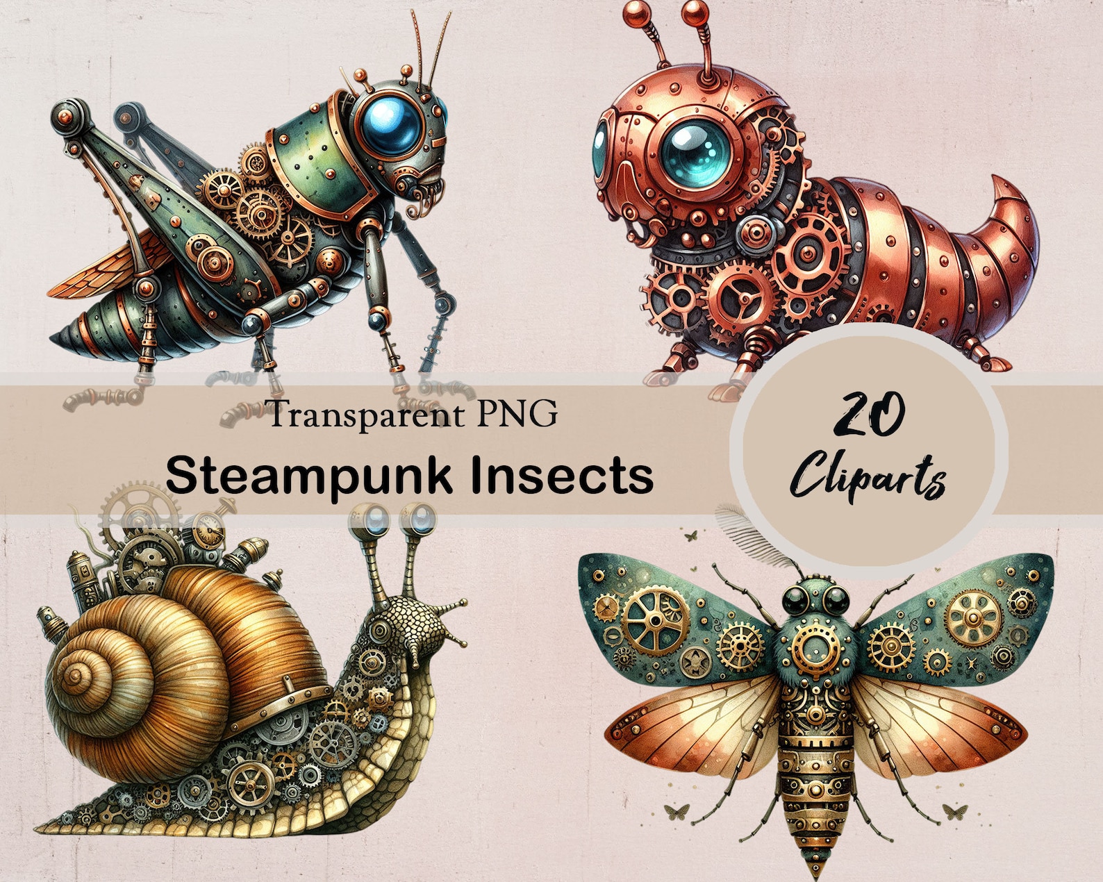 Steampunk Insects, 20 PNG Cliparts, Steampunk, Insect, Printable ...