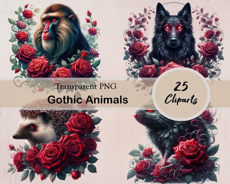 Gothic Animals, 25 PNG Cliparts, Watercolor Animals, Watercolor Gothic ...