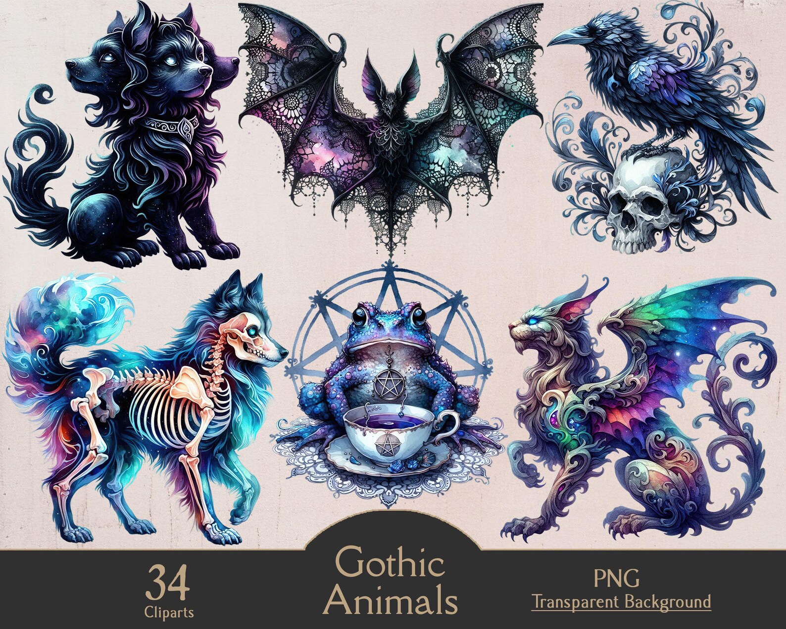 Watercolor Gothic Animals, 34 PNG Cliparts, Watercolor Ethereal Animals ...