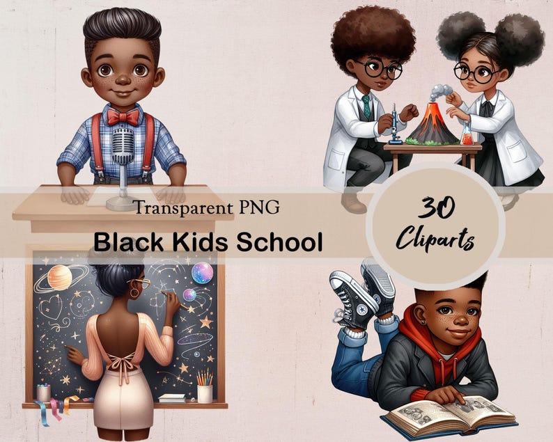 Black Kids School Activities Clipart Bundle, 30 PNG Cliparts, African ...