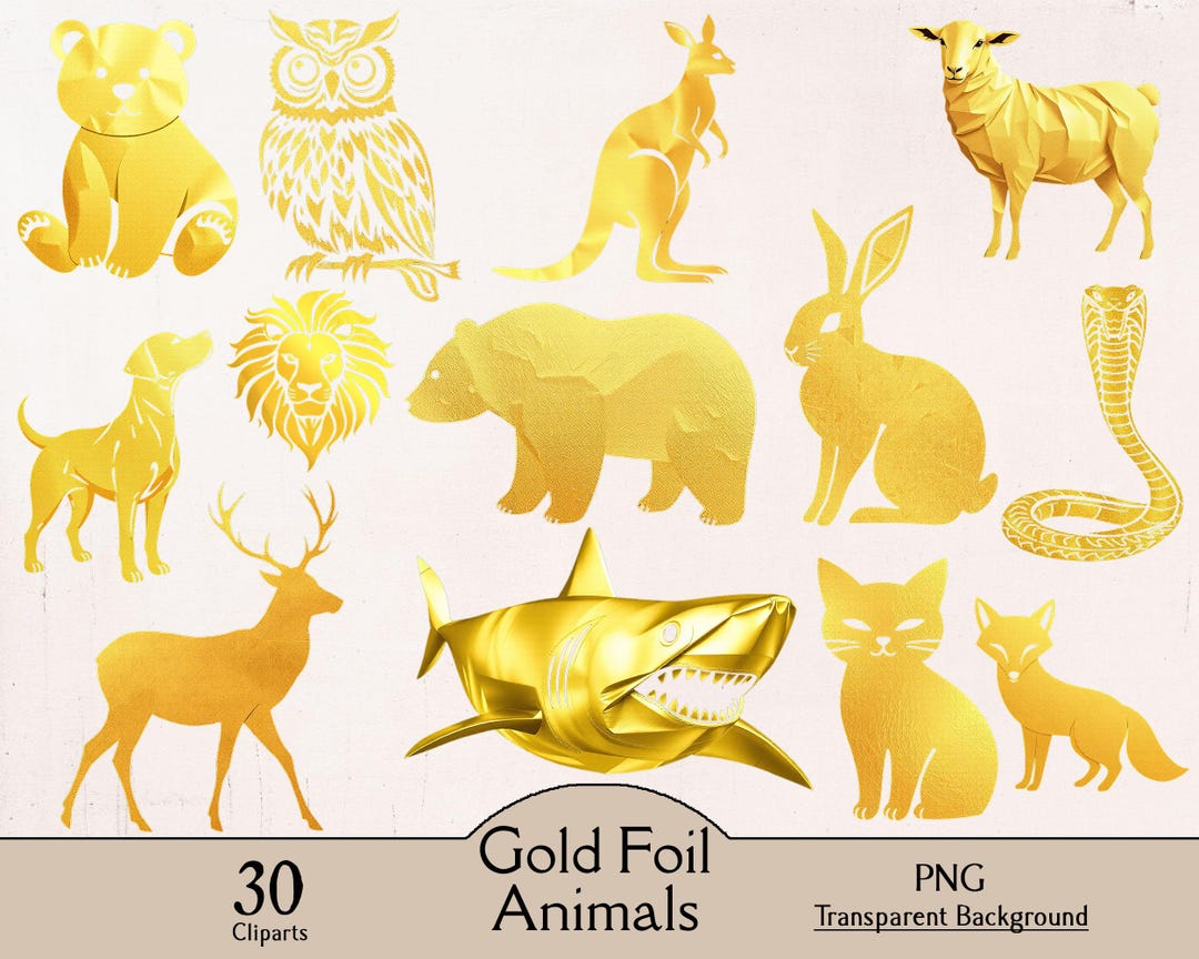 Gold Foil Animals, 30 PNG Cliparts, Animals Clipart, Gold Foil Clipart ...
