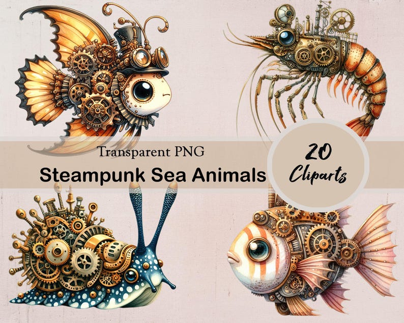 Steampunk Sea Animals, 20 PNG Cliparts, Underwater Clipart, Ocean ...
