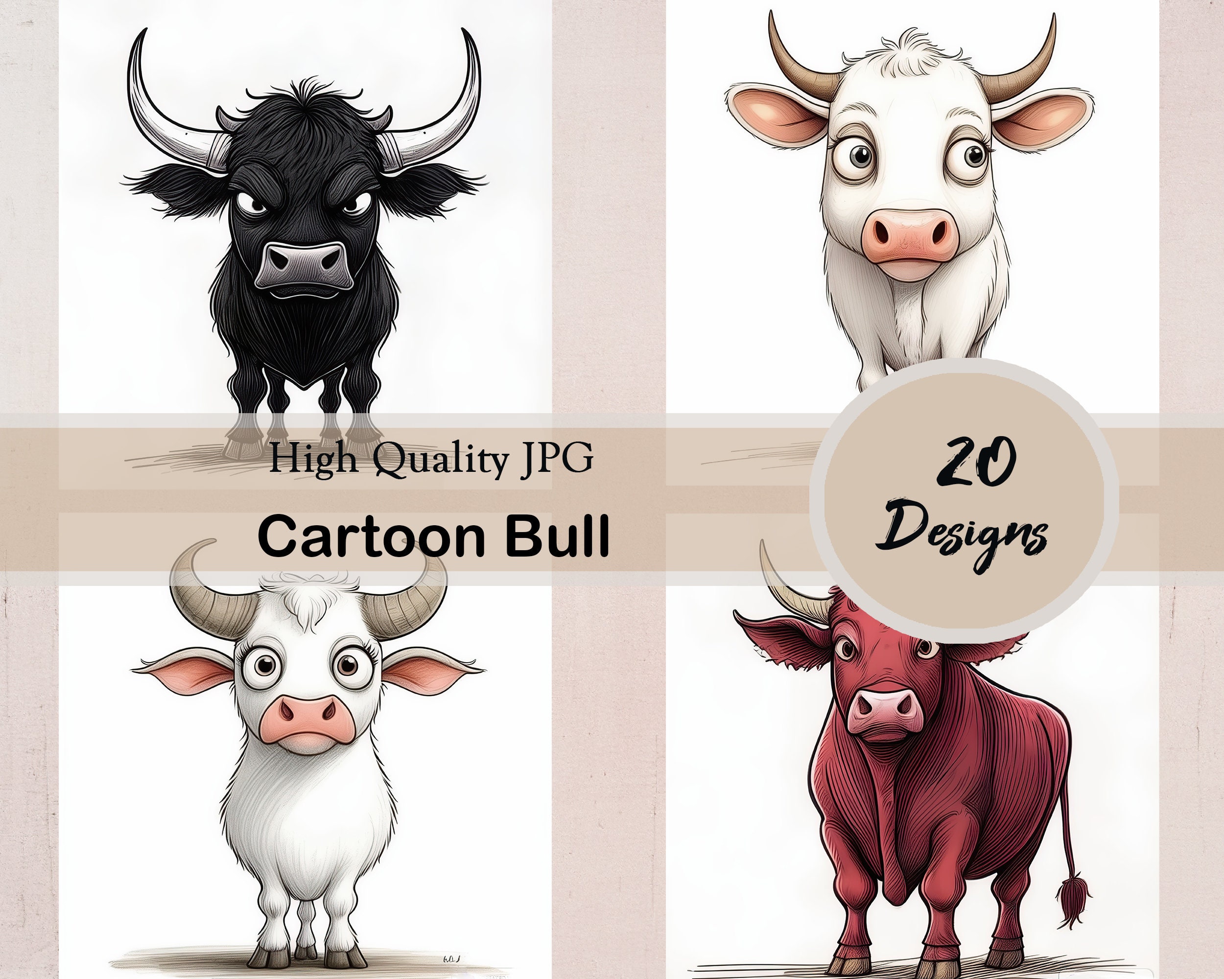 Cartoon Bull, 20 JPG Images, Baby Room, Baby Shower, Cute Bull, Digital ...