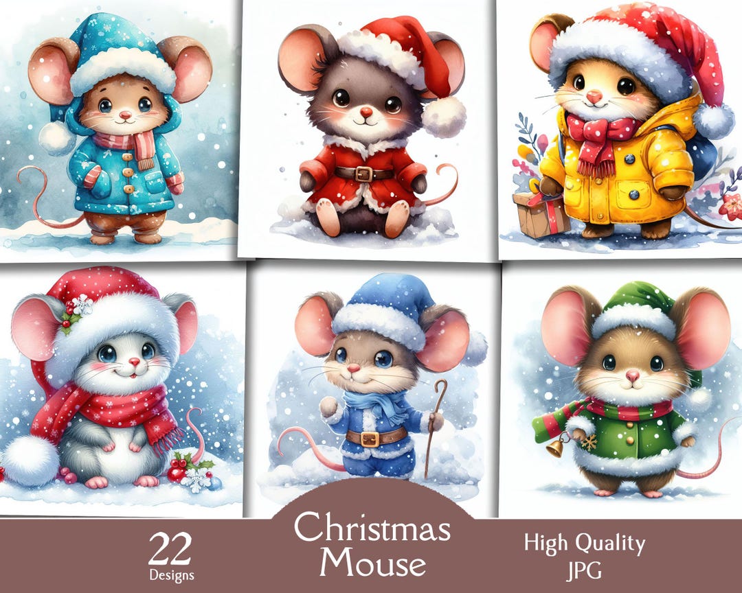 Christmas Mice, 22 JPG Images, Christmas Clipart, Cute Mouse, Winter ...