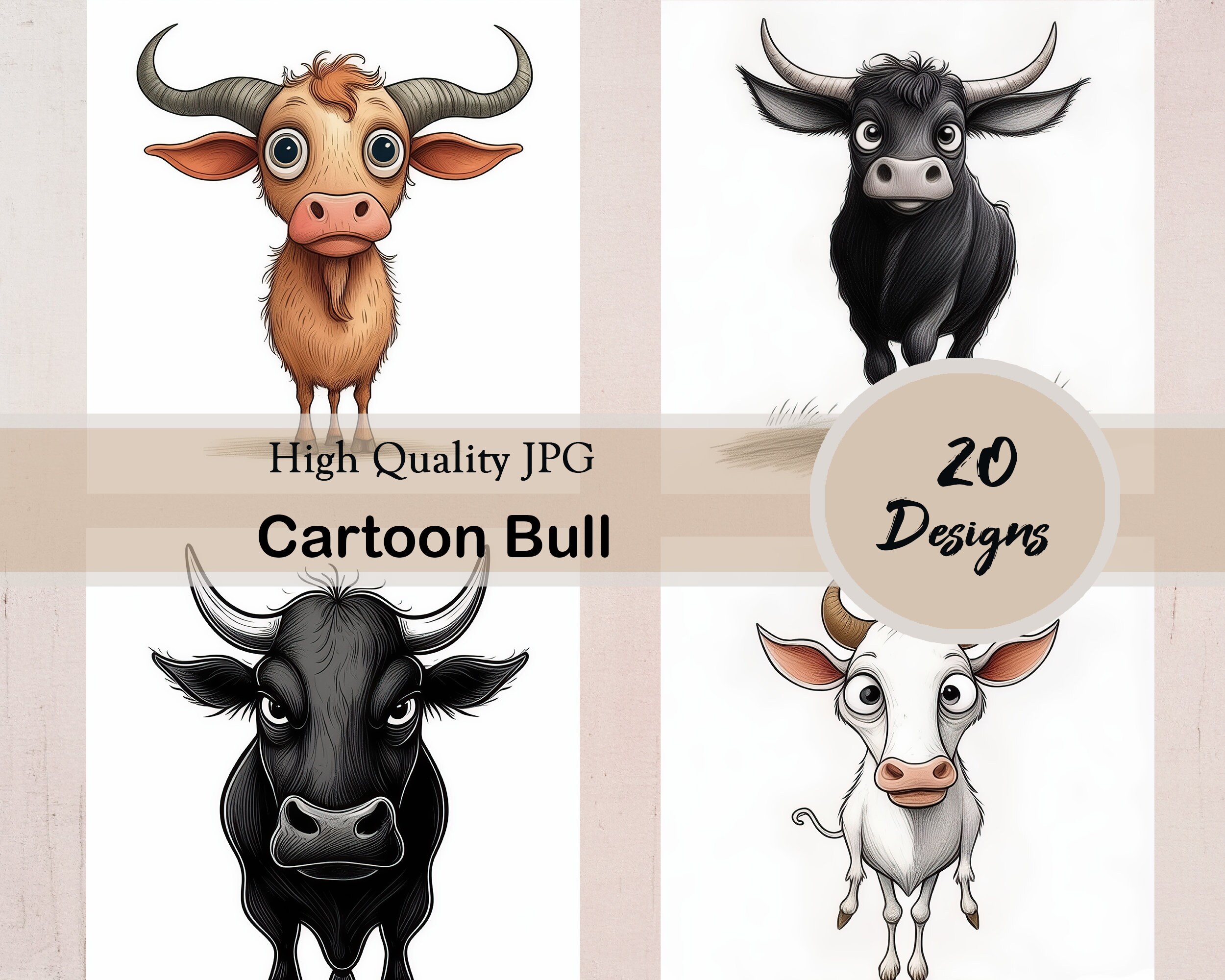 Cartoon Bull, 20 JPG Images, Baby Room, Baby Shower, Cute Bull, Digital ...
