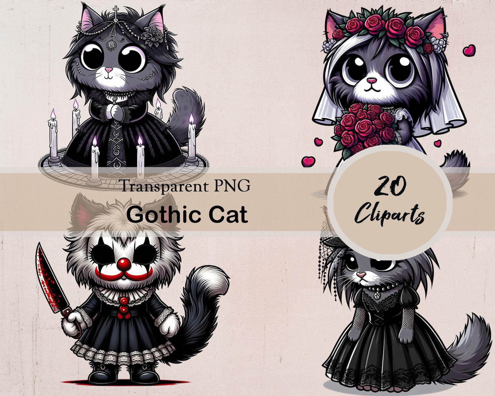 Gothic Cat, 20 PNG Cliparts, Whimsical Cat, Fantasy, Magic, Digital ...